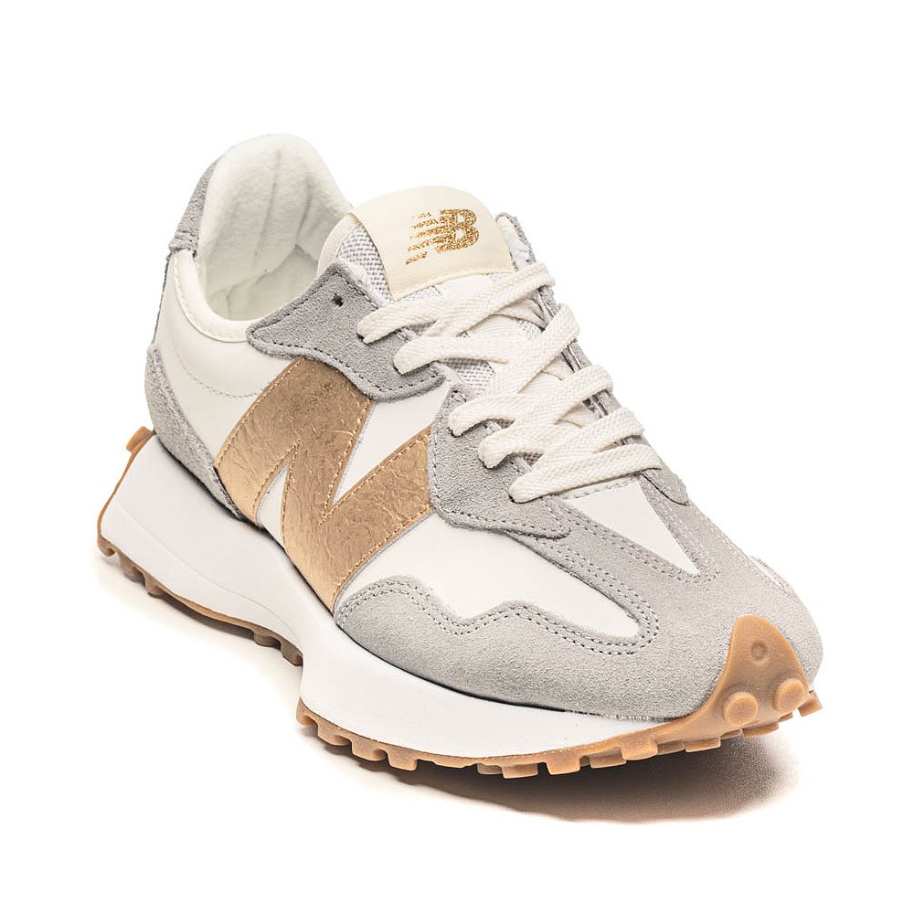 Womens New Balance 327 Athletic Shoe - Grey Matter / Gold Metallic ...